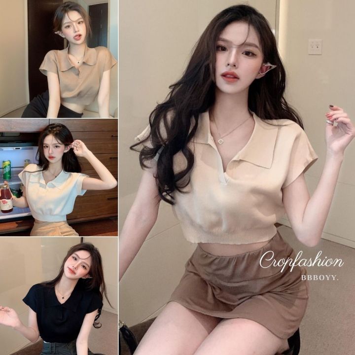 [ส่งเร็วพิเศษ!] BBboyy CFM🪅เสื้อครอป ไหมพรม สีพื้น ครอปคอปกน่ารัก ครอปแขนสั้นจั้มเอว สไตล์เกาหลี ...