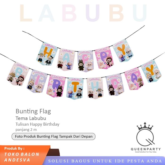 Banner Ultah Labubu / Banner HBD tema Labubu / Bunting Flag Hbd Labubu ...