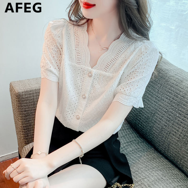 AFEG ใหม่เกาหลีคอวีแฟชั่นหลวมทุกการแข่งขันอารมณ์กลวงปักเสื้อแขนสั้น ...
