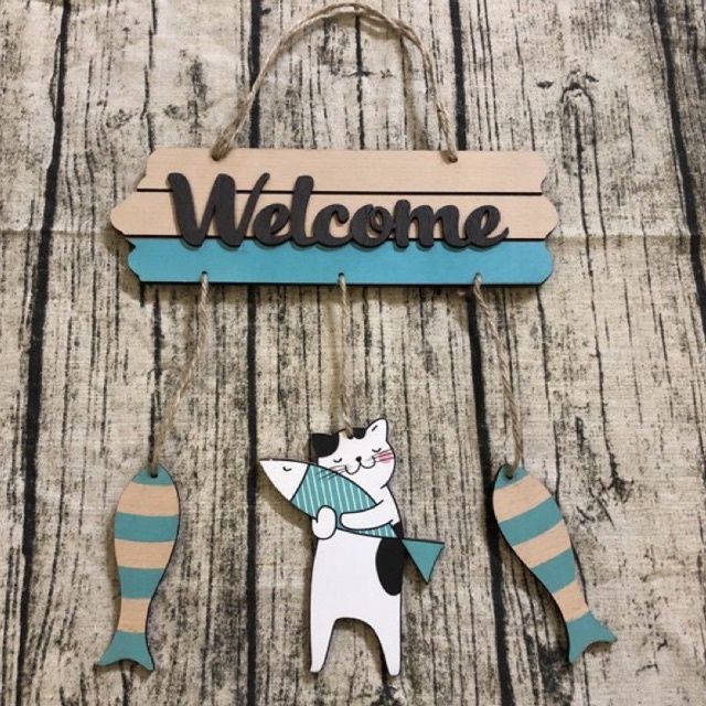 Bảng gỗ, tranh gỗ trang trí tranh gỗ decor hình mèo ôm cá chữ welcome ...
