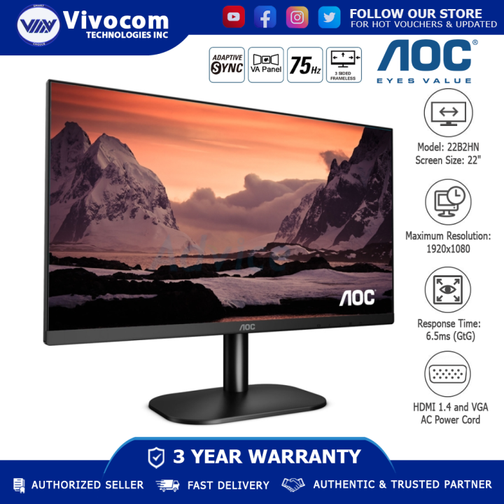 AOC 22B2HM2 21.5" VA Ultra Slim, 3 SIDED Frameless, HDMI 100Hz ...