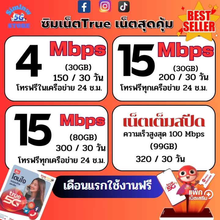 ซิมเทพทรู ความเร็ว 4 - 100 Mbps ไม่อั้น ไม่จำกัด + โทรฟรีทุกเครือข่าย 24 ช.ม. + True ID 30 วัน ...