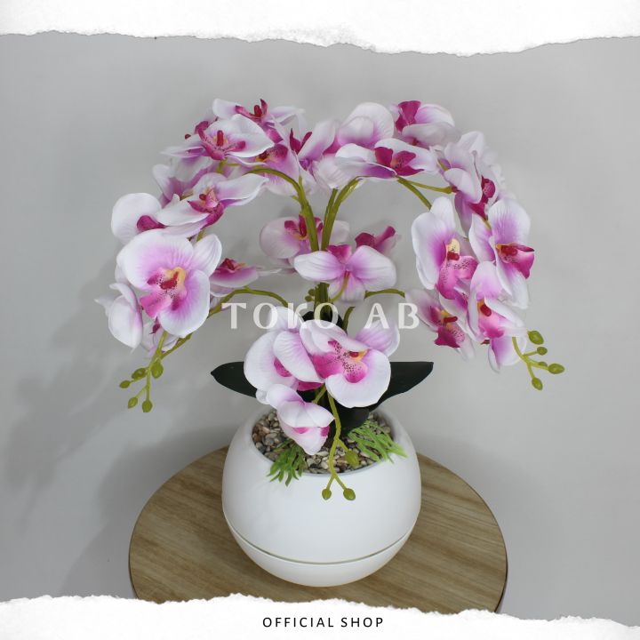 1 PAKET RB6063 BUNGA ANGGREK KAIN 8 CABANG DAN POT VIENNA PLASTIK BUNGA ...