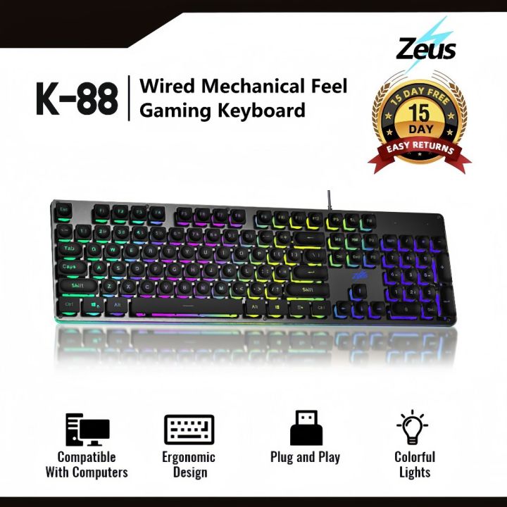 Zeus K-88 Icy Blue Back Light Wired Gaming Keyboard 104 Keys Silent Typing Metal Panel Slim ...
