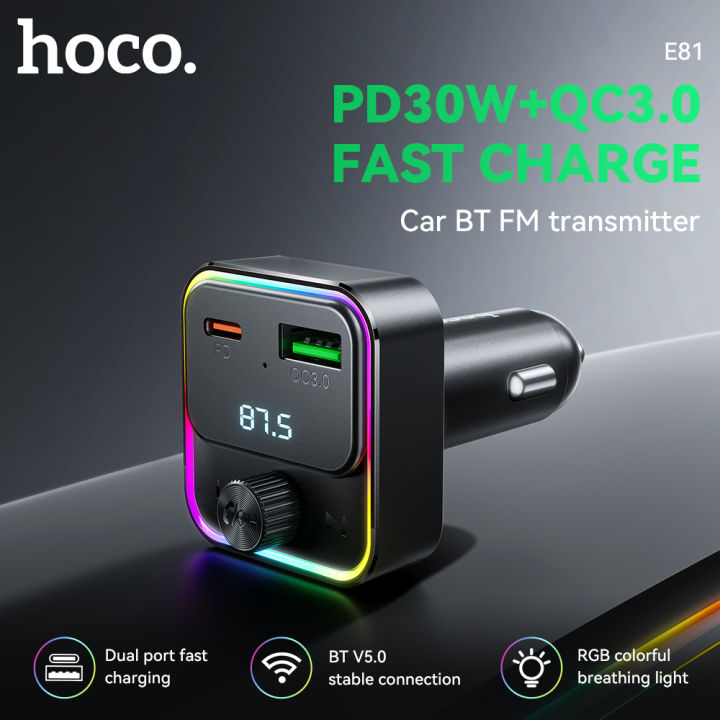 Hoco E81 Original Bluetooth FM Transmitter for Car USB C PD 30W+QC3.0 Wireless Bluetooth FM ...