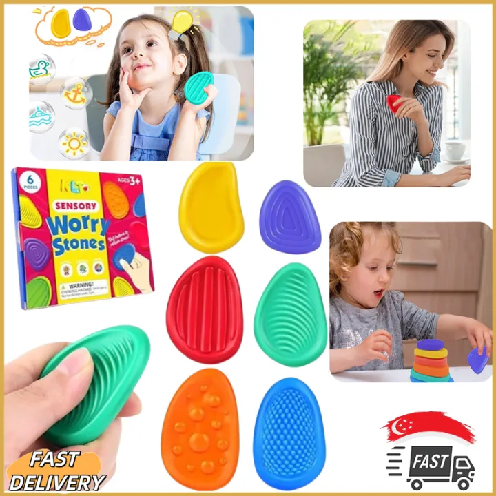 [SG Ready Stock] Children Fidget Toys Sensory Stone 6PCS/Set Textured Soft Worry Stone for ...