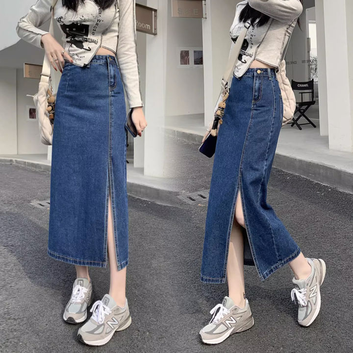 High slit long denim skirt for women High Waist jeans coquette skirt ...