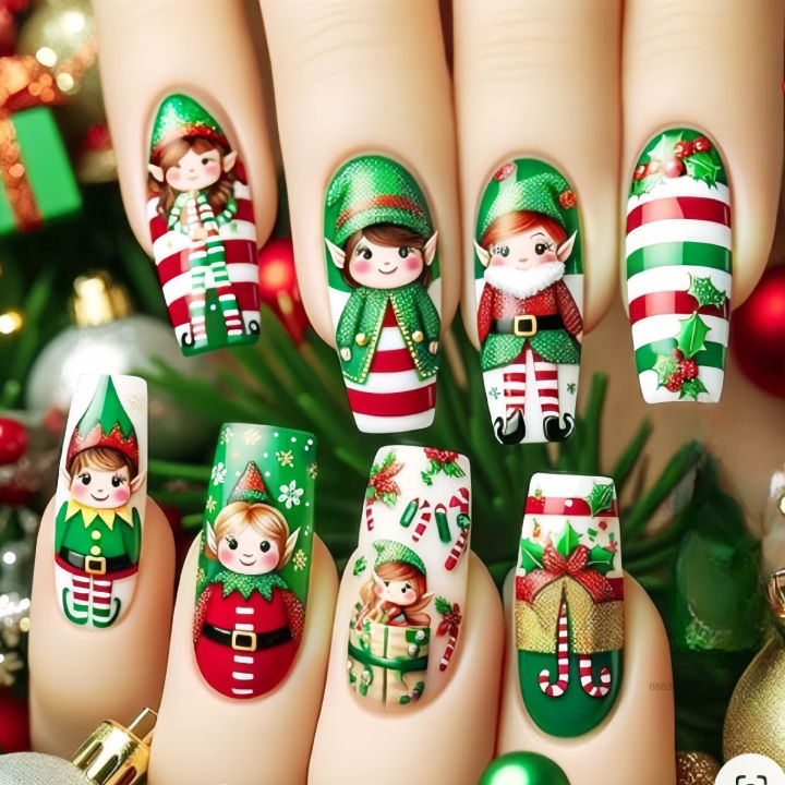 เล็บปลอมคริสต์มาสกับเอลฟ์พิมพ์เล็บที่ไม่แตกง่าย CB3-TH | Lazada.co.th