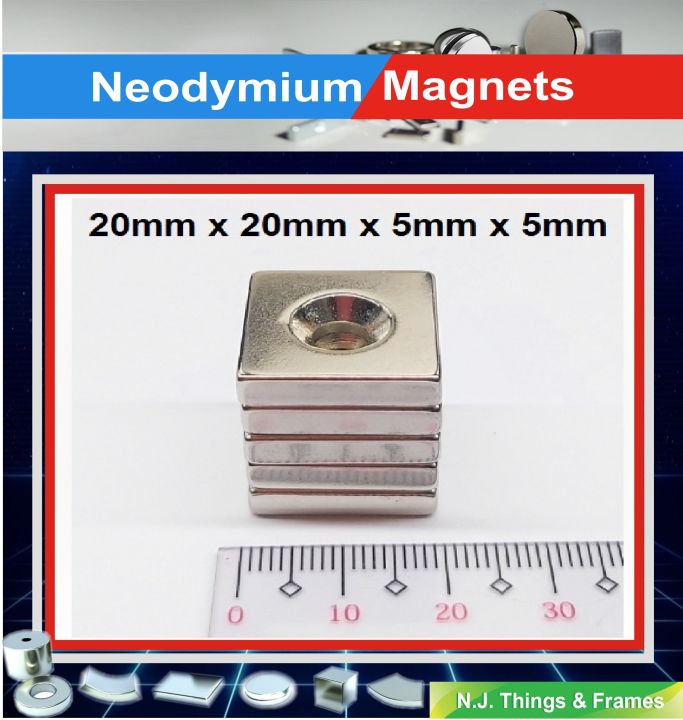 5 pcs N50 20mm x 20mm x 5mm x 5mm Neodymium Cuboid Magnet with 5mm Hole ...