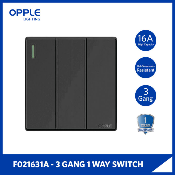 OPPLE Safety Wall Switch 3 Gang 1 Way Push On/Off Fireproof Dark Grey ...
