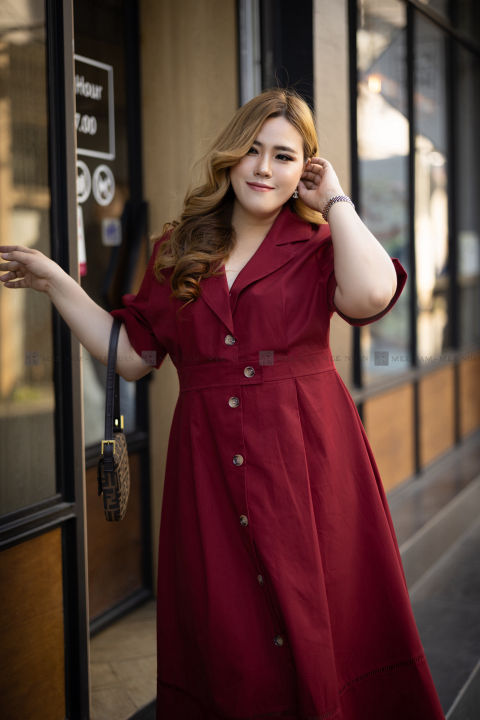 DR263 เดรสแดงเชิ้ตกรดุมไม้ เสื้อผ้าพลัสไซส์ Plussize Fashion ชุดคนอ้วน แฟชั่นสาวอวบ | Lazada.co.th