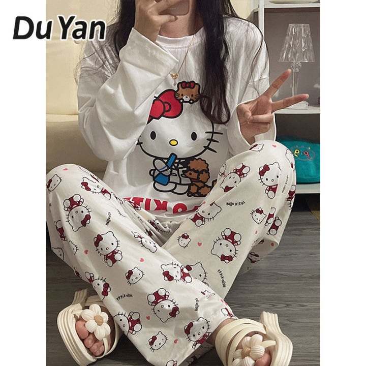 Du Yan ชุดนอนผู้หญิง ชุดนอนคอกลมลาย Hello Kitty สำหรับผู้หญิง ชุดนอนแขน ...