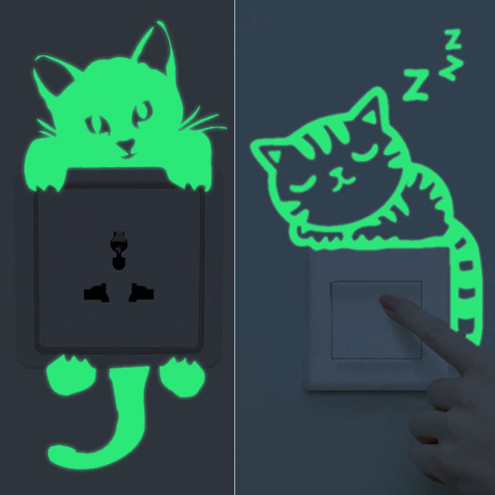 Luminous Cute Cat Fluorescence Socket Wall Sticker Home Background ...