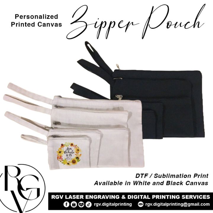 Personalized Printed Canvas Zipper Pouch With Handle Black White - rgv ...