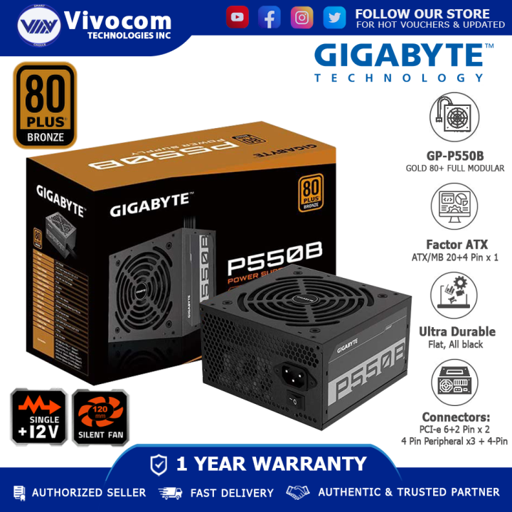 Gigabyte GP-P550B 550W 80 PLUS Bronze Certified Power Supply with 120mm Smart Hydraulic Bearing ...