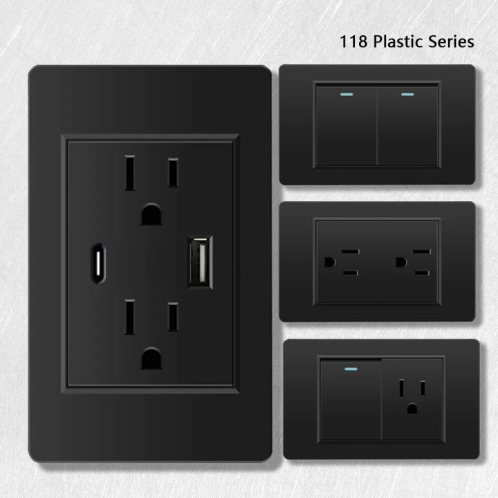 【Jacksun】118 Type Black Wall Switch Outlet 1 2 3Gang Power Socket Panel ...