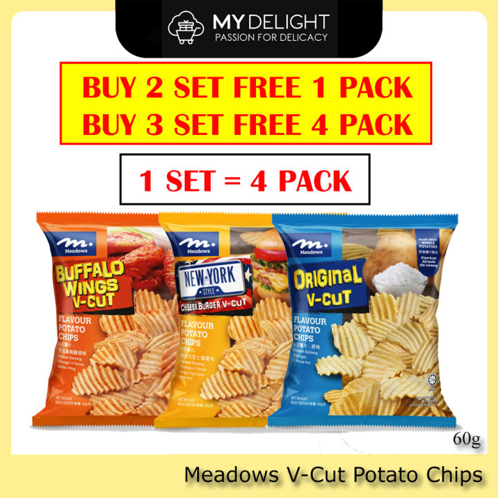 (4 x 60g) Meadows V-Cut Wave Potato Chips Original Buffalo Wings Cheese ...