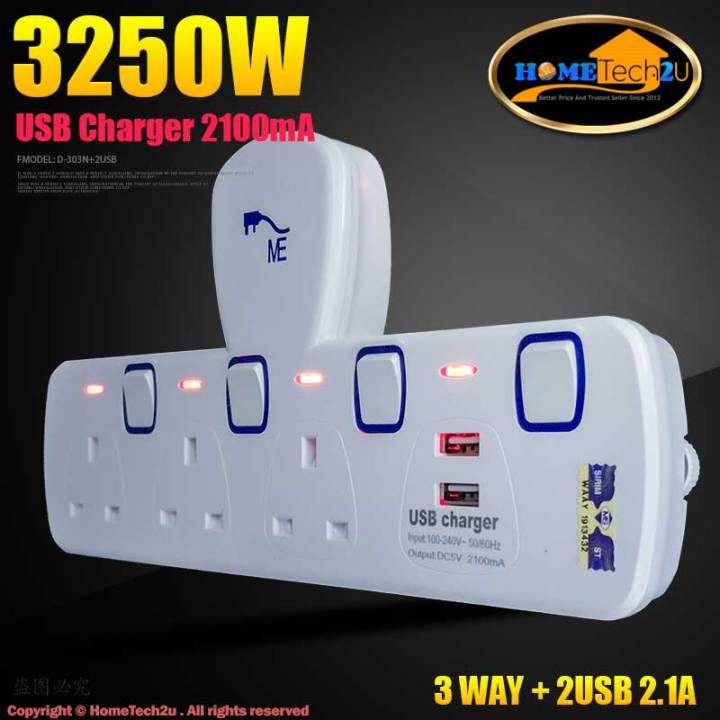 Extension Plug with usb T Adaport with 2 USB Port Surge Protector Wall ...