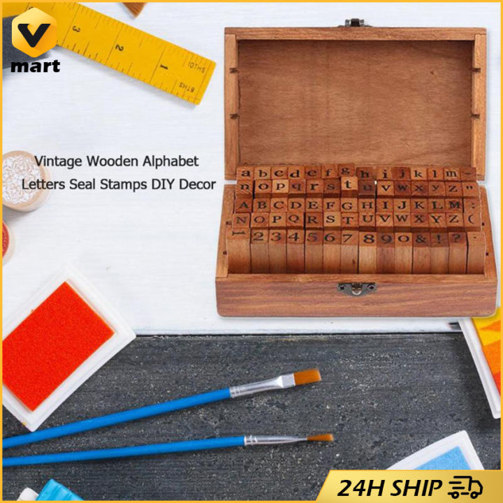 Vintage DIY Number and Alphabet Letter Wood Stamps Set with Wooden Box ...