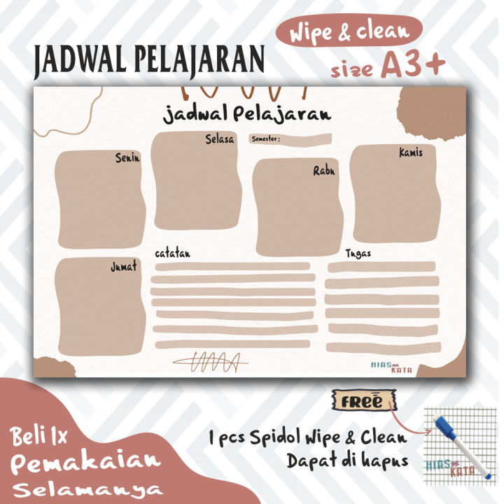 Jadwal Pelajaran sekolah aesthetic bisa tulis & hapus size A3+ (free ...