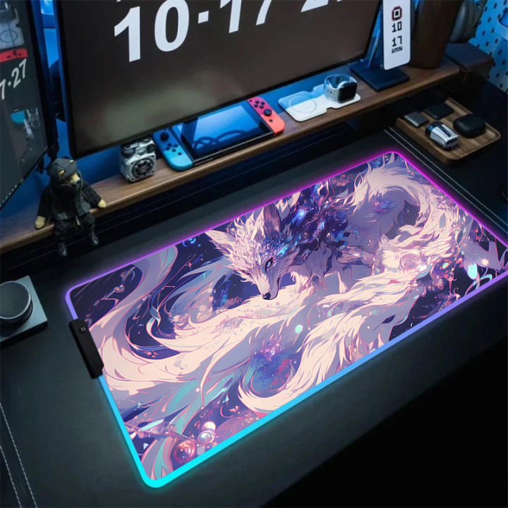 Large ai Pink Fox RGB Mouse Pad Gaming Accessories Cool Mousepad LED ...