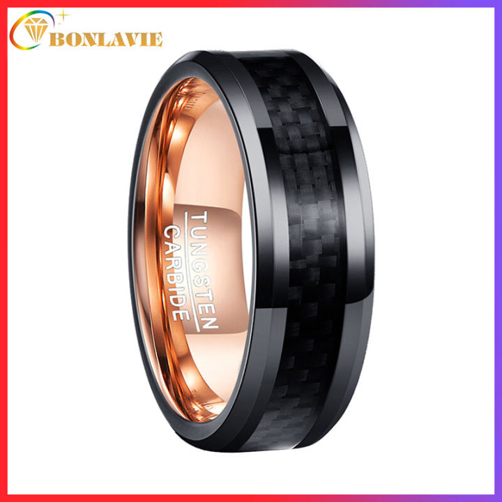 BONLAVIE Men's 8mm Black Finish Tungsten Ring Rose Gold Plated Inner ...