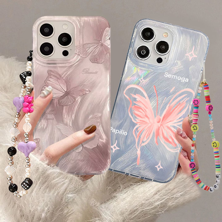เคสโทรศัพท์ผีเสื้อสีชมพูไล่โทนสีขนนก For iPhone 11/15 Pro Max/14 Pro ...