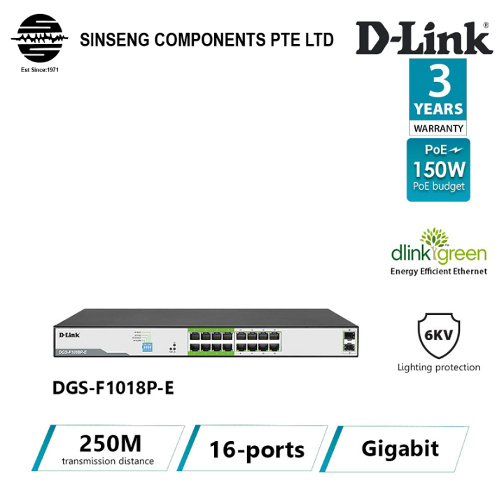 D-Link Full-Gigabit 16 Port PoE Switch 16GE PoE+2 SFP Ports (250M ...