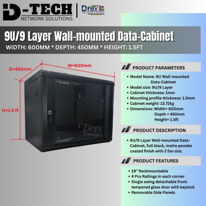 D-Tech 6409 9U Wallmounted Data Cabinet W=600 * D= 450 * H= 1.5FT ...