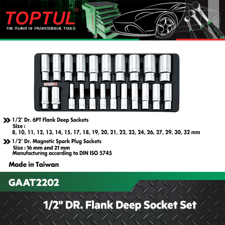 Toptul - 22 pcs 1/2" DR.Deep Flank Socket Set | Lazada PH