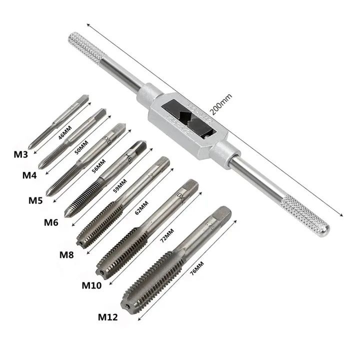 8Pcs M3 to M12 metal Hand Screw Machine Metric Taper Plug Tap Drill Bit Kit With Tap Wrench ...