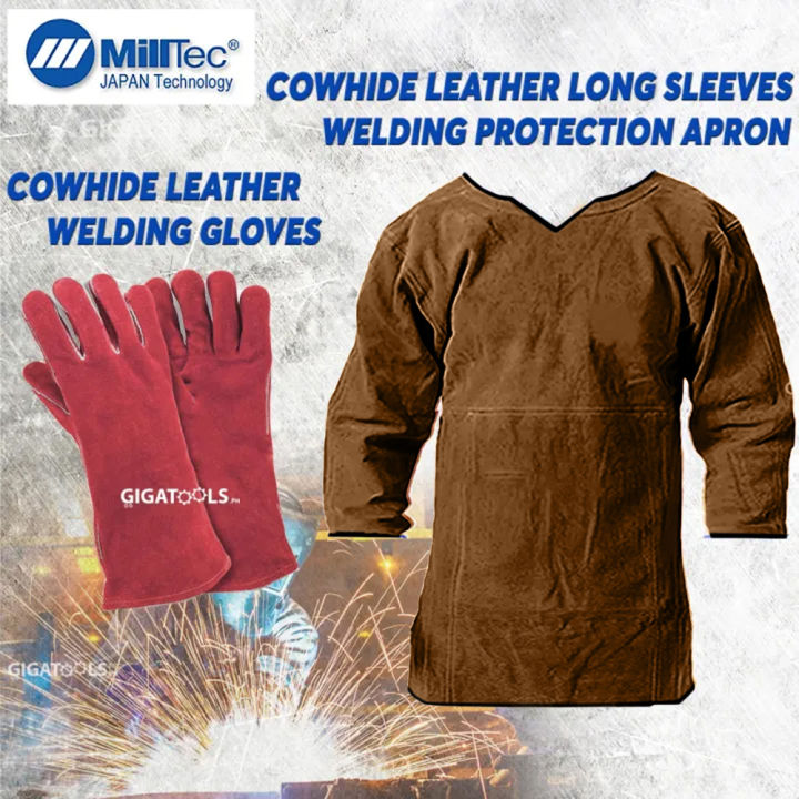 MILLTEC Combo Professional Cowhide Leather Long Sleeves welding protection Apron and Cowhide ...