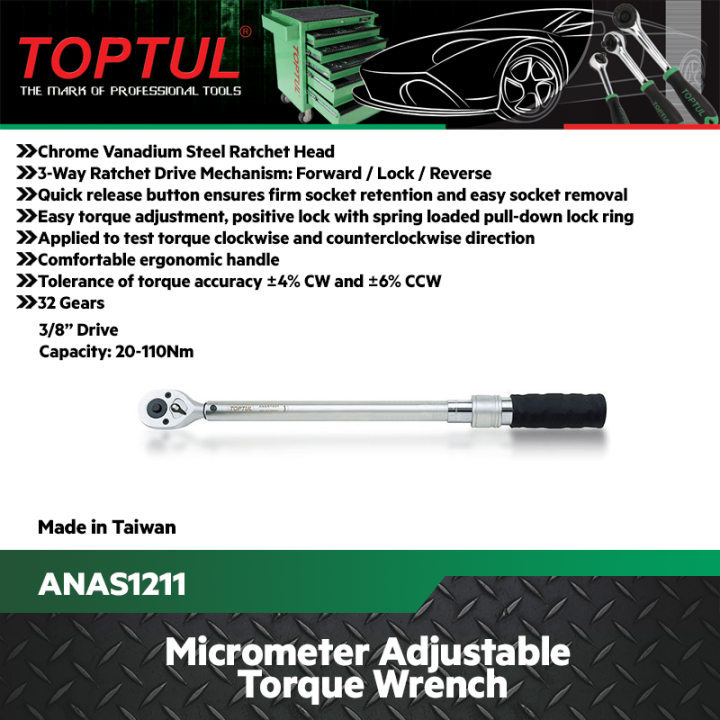 Toptul Micrometer Adjustable Torque Wrench 3/8" Drive ANAS12 | Lazada PH