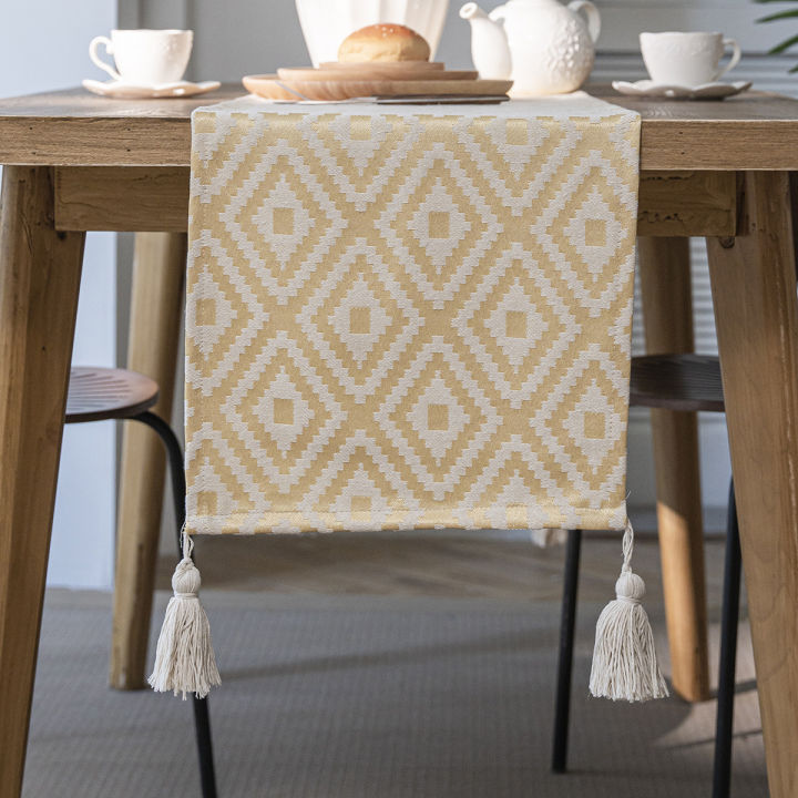 Nordic Jacquard Blue Orange Green Yellow Table Runner Geometric Tassel ...