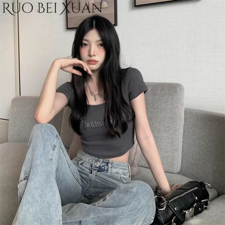 Ruo Bei Xuan เสื้อยืดผู้หญิงแขนสั้นปักลาย | Lazada.co.th