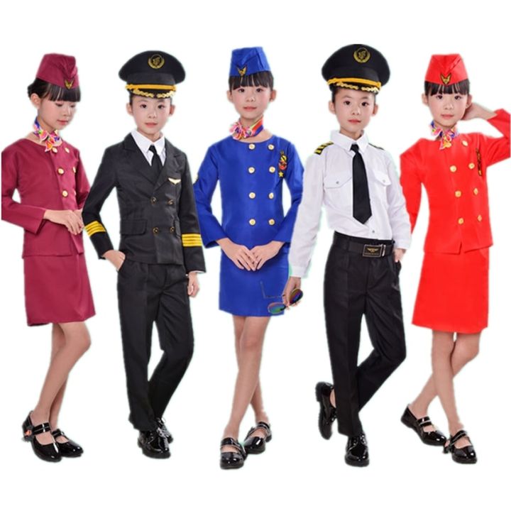 90-160cm Kids Aircraft Cosplay Costume Halloween Party Stewardess Suit ...