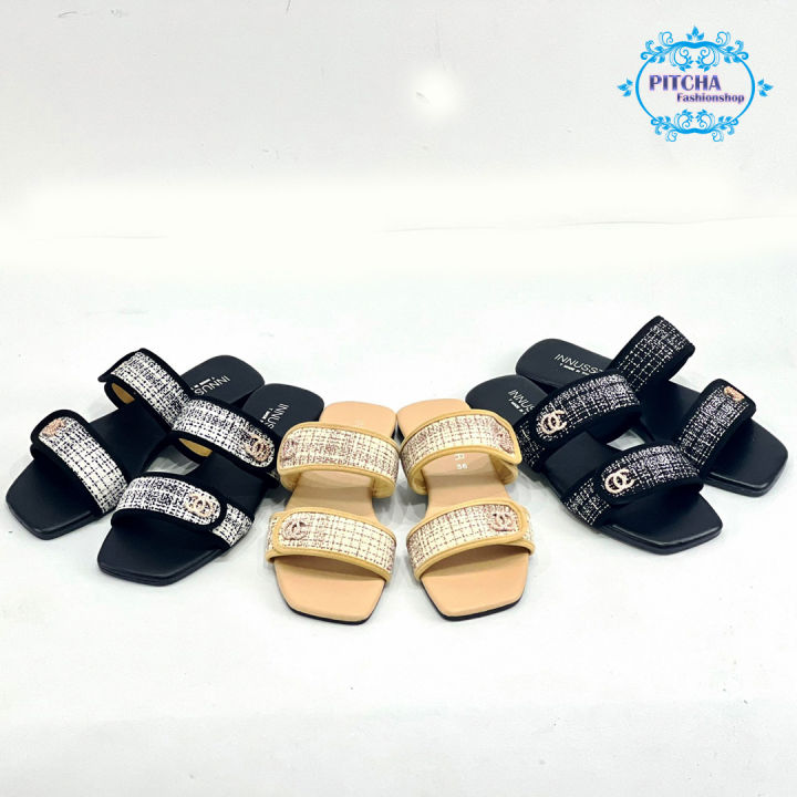 PITCHA พร้อมส่งรองเท้าแตะแฟชั่นสองตอนดีไซน์สวยแต่งอะไหล่สีทองให้ลุคดูดี ...