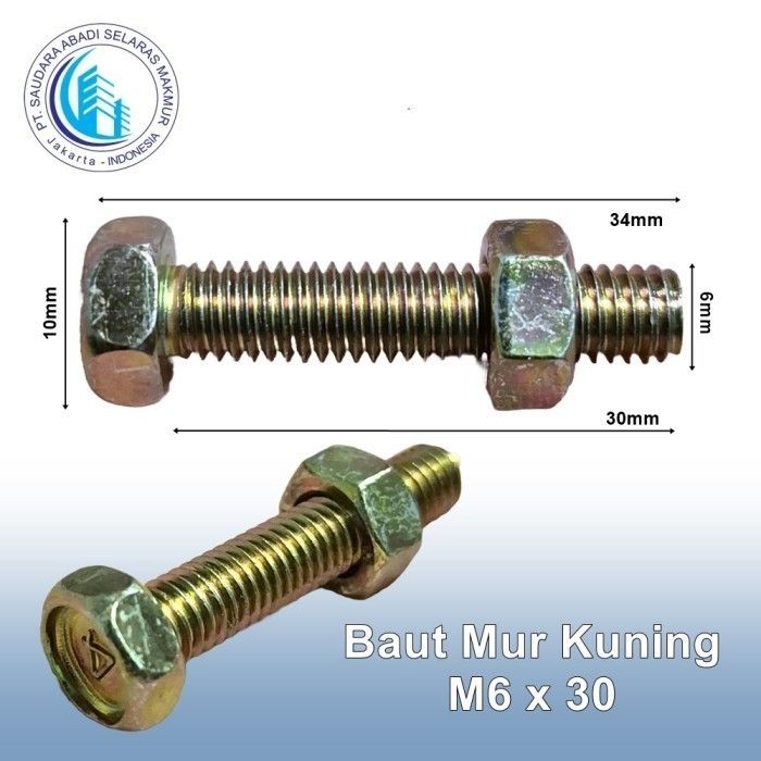 Per Bungkus isi 10 Pcs Baut Mur Kuning Ukuran M6 x 30mm | Lazada Indonesia