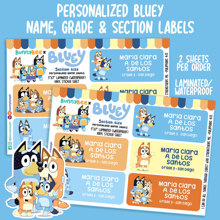 Personalized Bluey Name Grade & Section Labels Laminated Waterproof ...