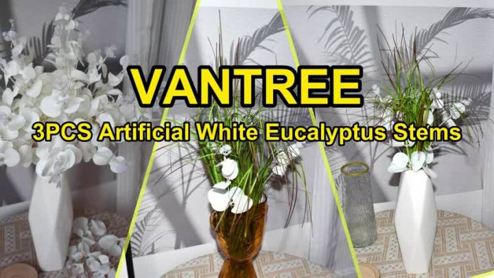LZD VANTREE 3ชิ้นดอกไม้ประดิษฐ์ปลอมยูคาใบสีขาวดอกไม้ F AUX ยูคาลำต้นดอกไม้ปลอมสำหรับแจกันฟิลเลอร ...