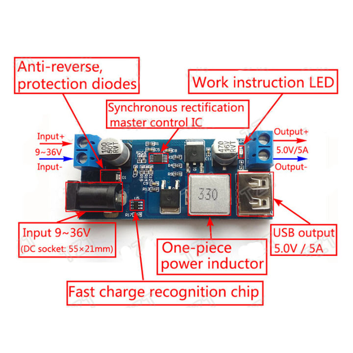 5A DC-DC 24V/12V to 5V step-down power module LM2596S step-down converter USB step-down charging ...