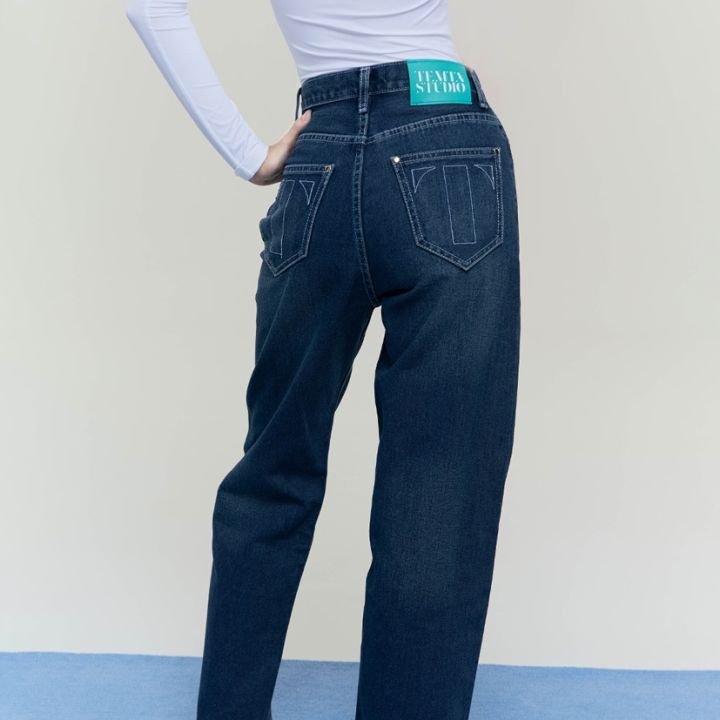 TEMTA - Lisa Jeans - กางเกงยีนส์เอวกลาง (พร้อมส่ง) ขากระบอกใหญ่ สีเข้ม ...