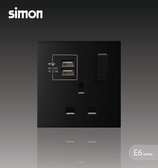 Simon E6 Series 13A Switched Socket with Double USB Charging Outlet ...
