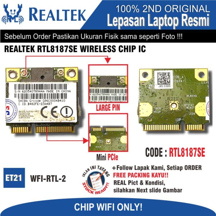 ET21 WFI-RTL-2 Internal WiFi Card WiFi Chip Laptop Notebook Netbook REALTEK RTL8187SE WIRELESS ...