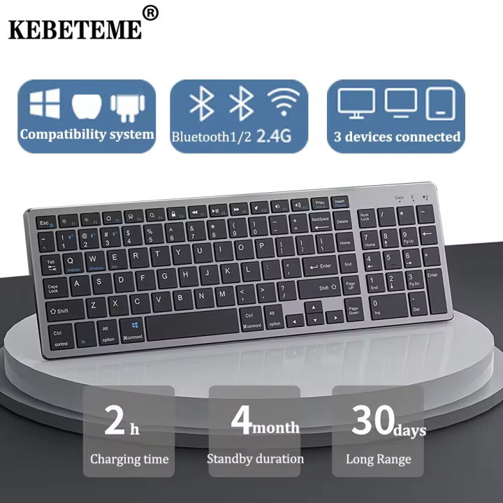 KEBETEME Dual Bluetooth Keyboard 2.4G Wireless Keyboard 102 Keycaps USB ...