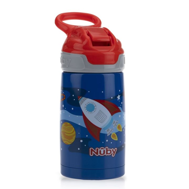 Nuby Thirsty Kids Printed Stainless Steel 10oz / 300ml No Spill Flip-It Reflex Push Button Soft ...