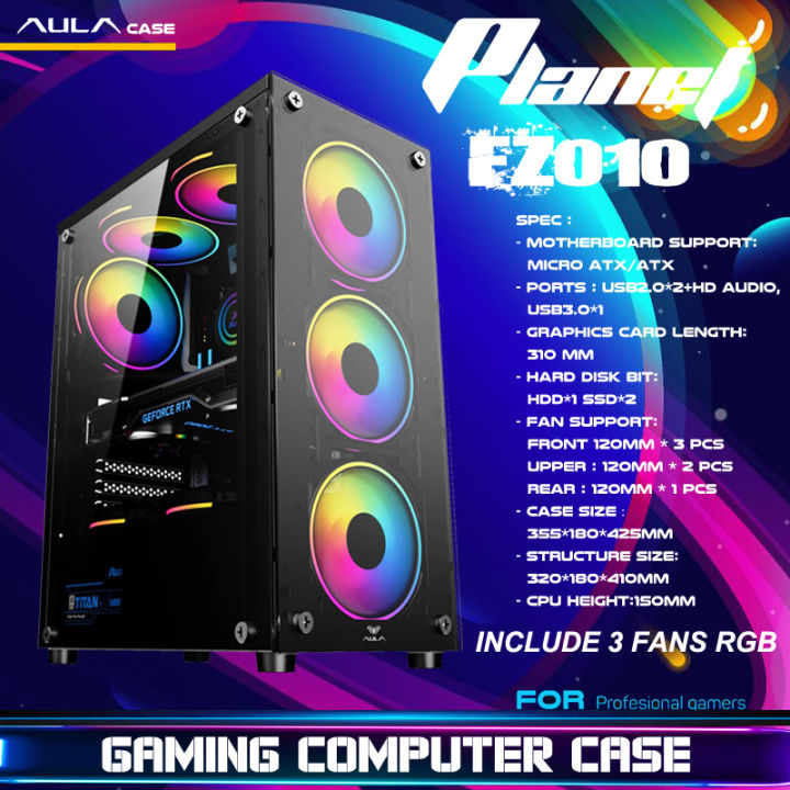 Casing PC Gaming AULA PLANET FZ010 include 3 fans RGB Panoramic Design ...