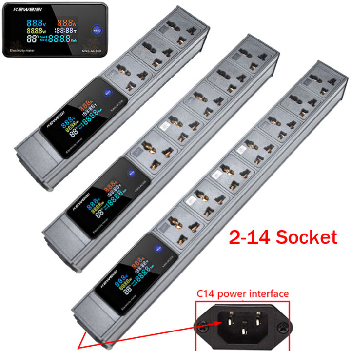 PDU Power Strip C14 Interface 2-14 Ways Universal 3 pin Power Socket Extension Digital Voltmeter ...