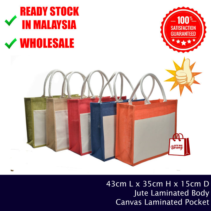 Beg Jute Besar dengan Poket Depan, Beg Tote Beg Jute, Beg Membeli-belah ...