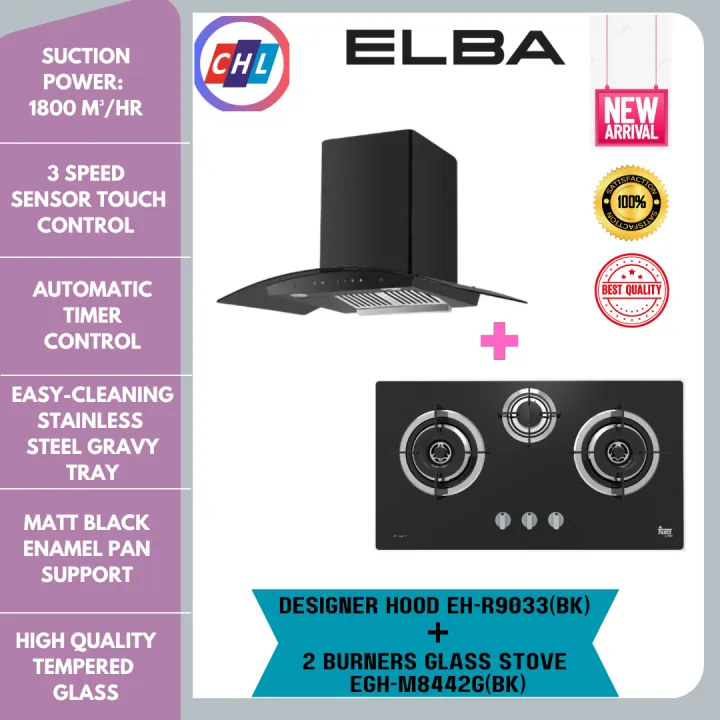 ELBA [COMBO SET] Designer Hood EH-R9033(BK) + 2 Burners Glass Stove EGH ...